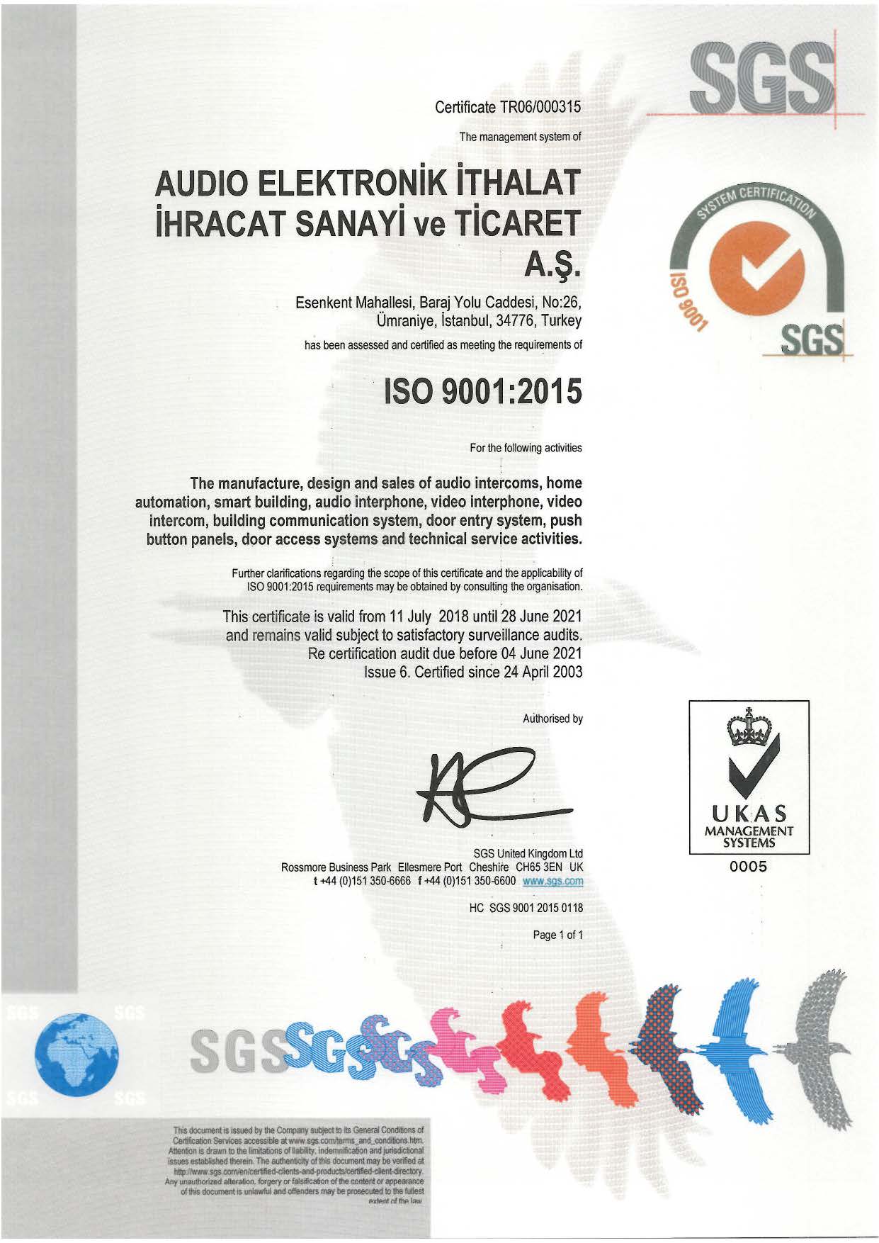 Certificates | Audio Elektronik A.Ş. | Görüntülü Diafon, Akıllı Ev ...